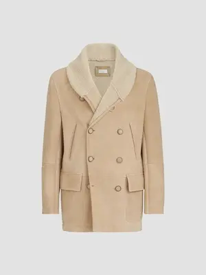Brunello Cucinelli Suede Curly Shearling Peacoat With Shawl Collar - Sand