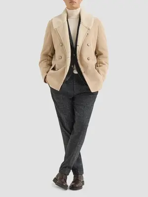 Brunello Cucinelli Suede Curly Shearling Peacoat With Shawl Collar