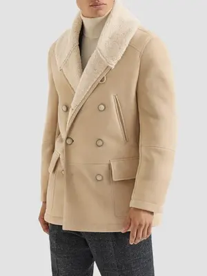 Brunello Cucinelli Suede Curly Shearling Peacoat With Shawl Collar