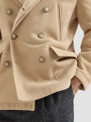Brunello Cucinelli Suede Curly Shearling Peacoat With Shawl Collar