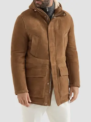 Brunello Cucinelli Suede Curly Shearling Parka Jacket