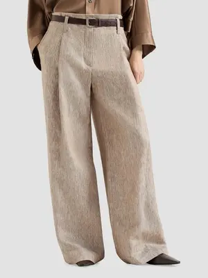 Brunello Cucinelli Linen Denim Pleated A-line Trousers With Monili