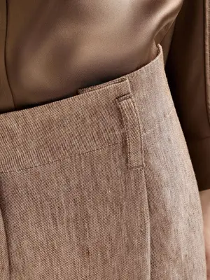 Brunello Cucinelli Linen Denim Pleated A-line Trousers With Monili