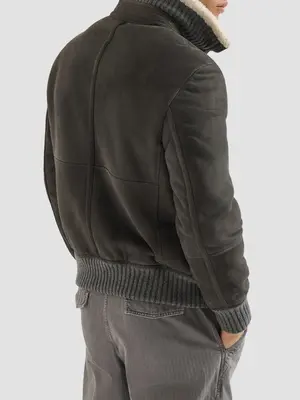 Brunello Cucinelli Suede Curly Shearling Bomber Jacket - Grey