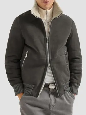 Brunello Cucinelli Suede Curly Shearling Bomber Jacket - Grey