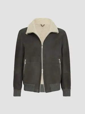 Brunello Cucinelli Suede Curly Shearling Bomber Jacket - Grey