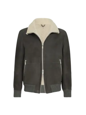 Brunello Cucinelli Suede Curly Shearling Bomber Jacket - Grey