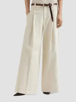 Brunello Cucinelli Stretch Dyed Denim Pleated A Line Trousers With Monili