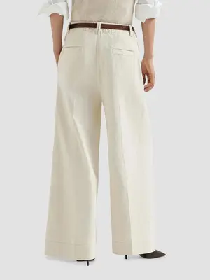 Brunello Cucinelli Stretch Dyed Denim Pleated A Line Trousers With Monili