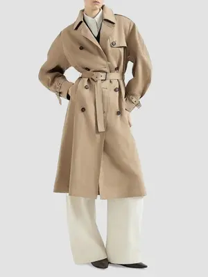 Brunello Cucinelli Cotton And Linen Twill Trench Coat With Monili