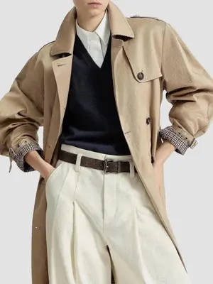 Brunello Cucinelli Cotton And Linen Twill Trench Coat With Monili