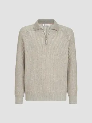 Brunello Cucinelli Cashmere Vanisé English Rib Knit Polo With Half Zip - Grey