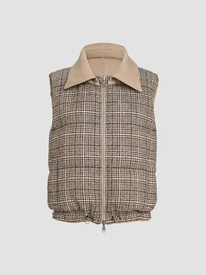 Brunello Cucinelli Twill And Prince Of Wales Reversible Down Vest With Detchable Leather Collar