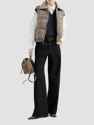 Brunello Cucinelli Twill And Prince Of Wales Reversible Down Vest With Detchable Leather Collar