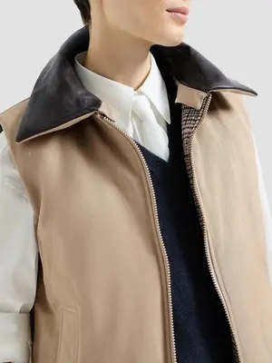 Brunello Cucinelli Twill And Prince Of Wales Reversible Down Vest With Detchable Leather Collar