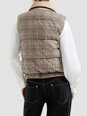 Brunello Cucinelli Twill And Prince Of Wales Reversible Down Vest With Detchable Leather Collar