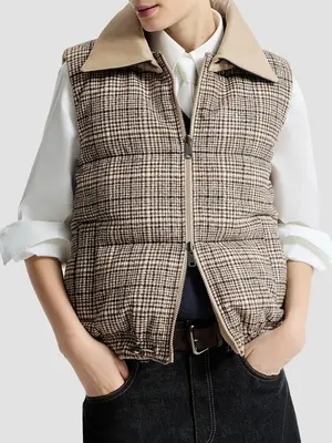 Brunello Cucinelli Twill And Prince Of Wales Reversible Down Vest With Detchable Leather Collar