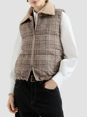 Brunello Cucinelli Twill And Prince Of Wales Reversible Down Vest With Detchable Leather Collar