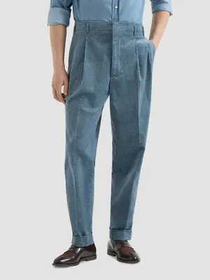 Brunello Cucinelli Denim-effect Cotton Velvet Trousers With Double Pleats