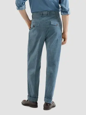Brunello Cucinelli Denim-effect Cotton Velvet Trousers With Double Pleats