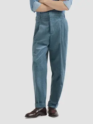 Brunello Cucinelli Denim-effect Cotton Velvet Trousers With Double Pleats