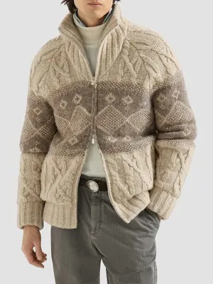 Brunello Cucinelli Virgin Wool, Silk And Cashmere Chiné Cable Knit Down Jacket