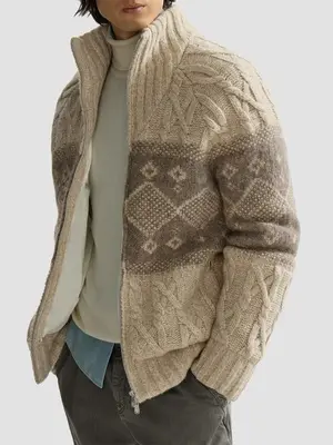 Brunello Cucinelli Virgin Wool, Silk And Cashmere Chiné Cable Knit Down Jacket