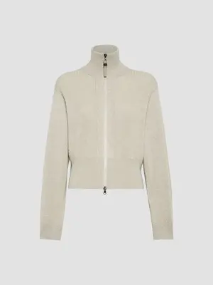 Brunello Cucinelli Sparkling Cashmere English Rib Cardigan With Shiny Zipper Pull - Sand