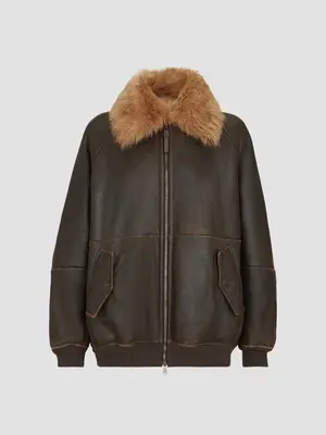 Brunello Cucinelli Vintage-effect Shearling Bomber Jacket With Shiny Zipper Pull