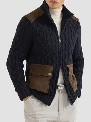 Brunello Cucinelli Cable Knit Cardigan In Cashmere Feather With Suede Inserts