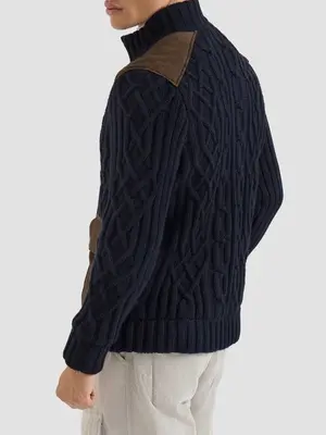 Brunello Cucinelli Cable Knit Cardigan In Cashmere Feather With Suede Inserts