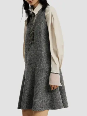 Brunello Cucinelli Virgin Wool Donegal Mini Dress With Monili - Anthracite