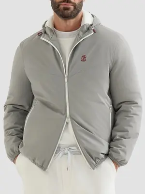 Brunello Cucinelli Bonded Nylon Hooded Outerwear Jacket With Thermore Padding And Logo - Grey