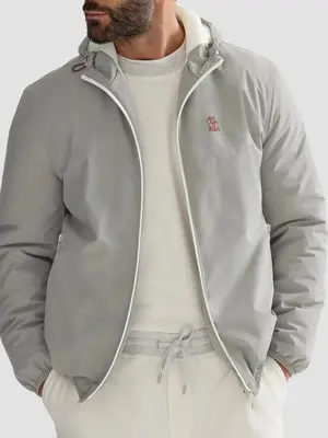 Brunello Cucinelli Bonded Nylon Hooded Outerwear Jacket With Thermore Padding And Logo - Grey