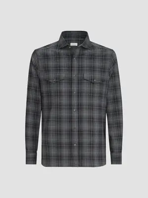 Brunello Cucinelli Cotton Madras Western Shirt - Dark Grey