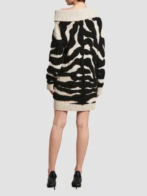 Moschino Zebra-pattern Wool-blend Off-shoulder Mini Dress