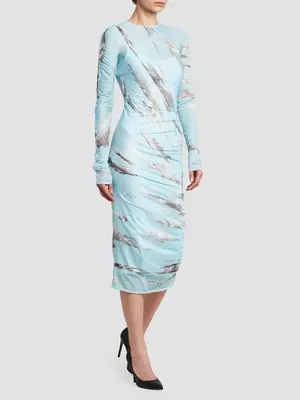 Moschino Ruched Abstract Stretch-tulle Midi Dress