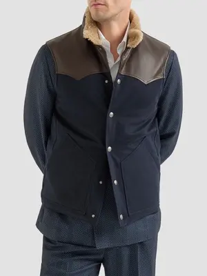 Brunello Cucinelli Bonded Wool Down Vest With Shearling Collar And Nappa Leather Inserts