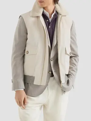 Brunello Cucinelli Waxed Techno Cotton Down Vest With Detachable Shearling Collar - Beige