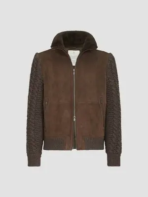 Brunello Cucinelli Suede Shearling And Cashmere Knit Bomber Jacket - Brown