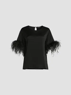 UNGARO Aria Feather-trim Satin Blouse - Black