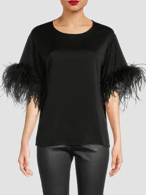 UNGARO Aria Feather-trim Satin Blouse - Black