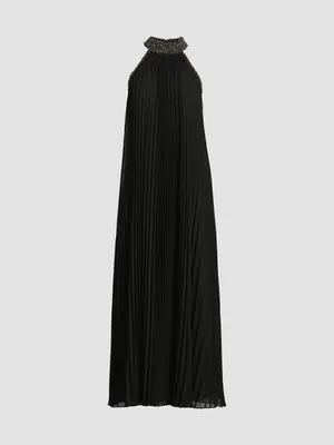 UNGARO Monroe Embellished Pleated Maxi Dress - Black