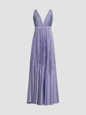 UNGARO Hazel Pleated Satin V-neck Gown