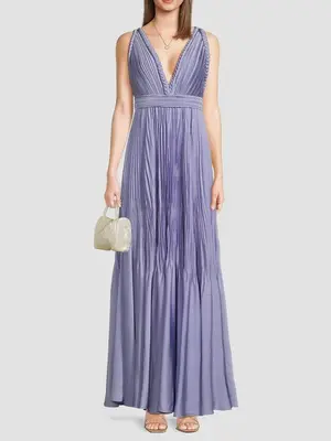 UNGARO Hazel Pleated Satin V-neck Gown