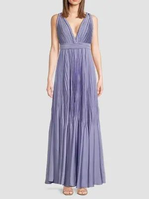 UNGARO Hazel Pleated Satin V-neck Gown