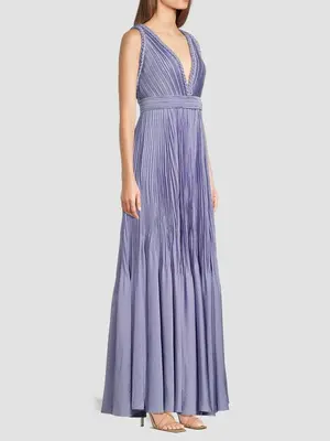 UNGARO Hazel Pleated Satin V-neck Gown