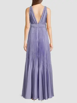 UNGARO Hazel Pleated Satin V-neck Gown