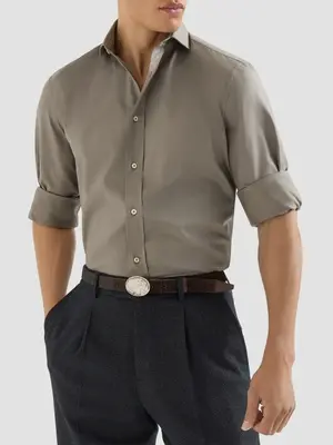 Brunello Cucinelli Gart-dyed Twill Shirt With Spread Collar - Khaki