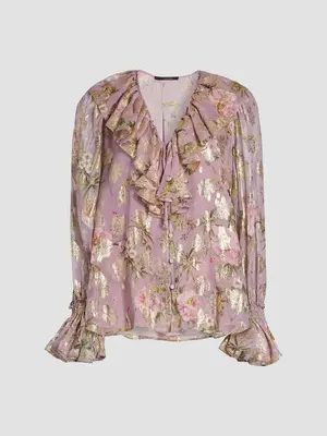 Kobi Halperin Leia Metallic Floral Jacquard Ruffle Blouse
